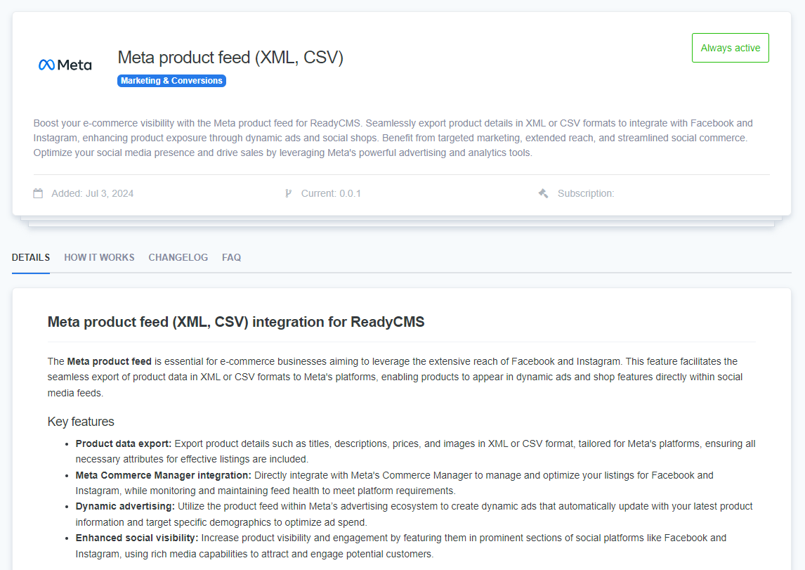 Meta product feed (XML, CSV) for ReadyCMS | ReadyCMS | (1)